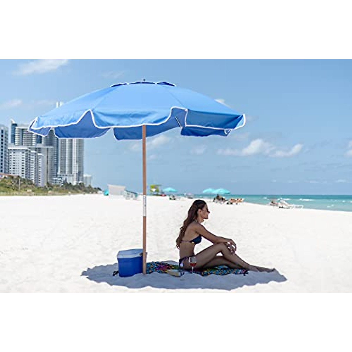AMMSUN 7.5ft Heavy Duty HIGH Wind Beach Umbrella Commercial Grade Patio Beach Umbrella frames with Air Vent Ash Wood Pole & Carry Bag UV 50+ Protection Blue