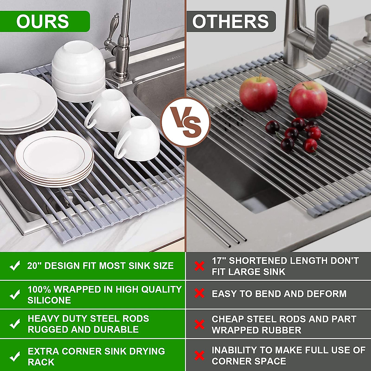 TPMXEMR Roll Up Dish Drying Rack, Over The Sink Dish Drying Rack Heat-Resistant Anti-Slip, 20.5" L x 13.1" W Heavy Duty Silicone Wrapped Steel Rods Dish Drying Rack for Kitchen Counter