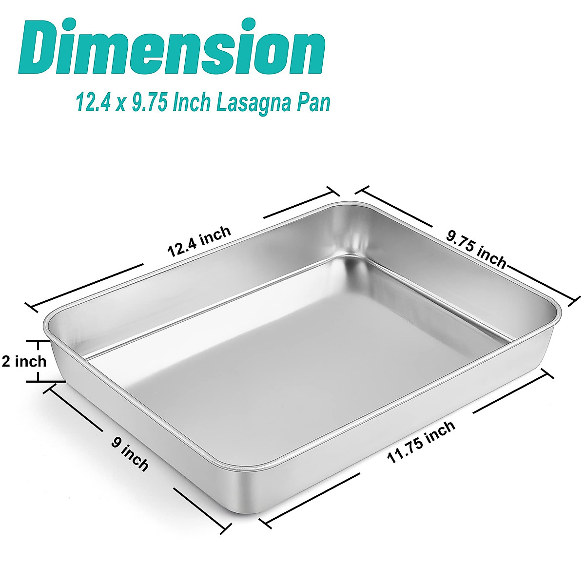 TeamFar Lasagna Pan, 12⅖’’ x 9¾’’ x 2’’, Stainless Steel Rectangular Casserole Cake Baking Brownie Pan, Non-toxic & Sturdy, Brushed Surface & Deep Side, Dishwasher Safe, 2PCS