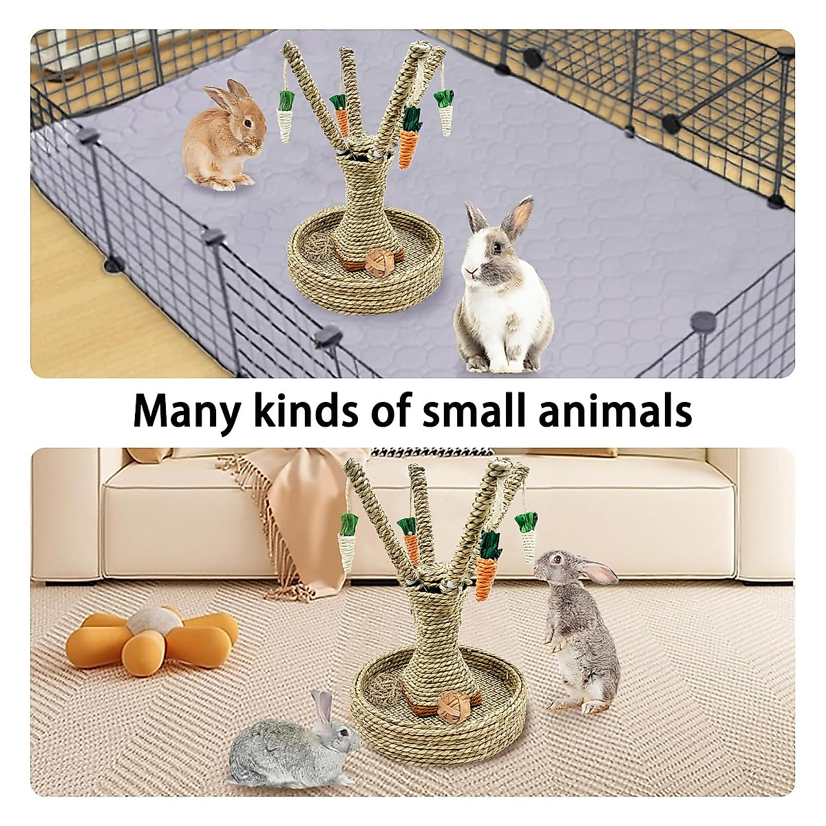 Hamiledyi Bunny Chew Toys Rabbit Rattan Grass Scratcher Climbing Tree Fun Tree Carrot Play Toys for Small Animal Guinea Pig Tooth Cleaning