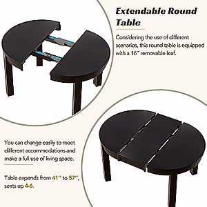 Dinehome 5 Piece Extendable Round Dining Table Set for 4-6 with Storage Drawers and Four Chairs,16" Removable Leaf, Espresso