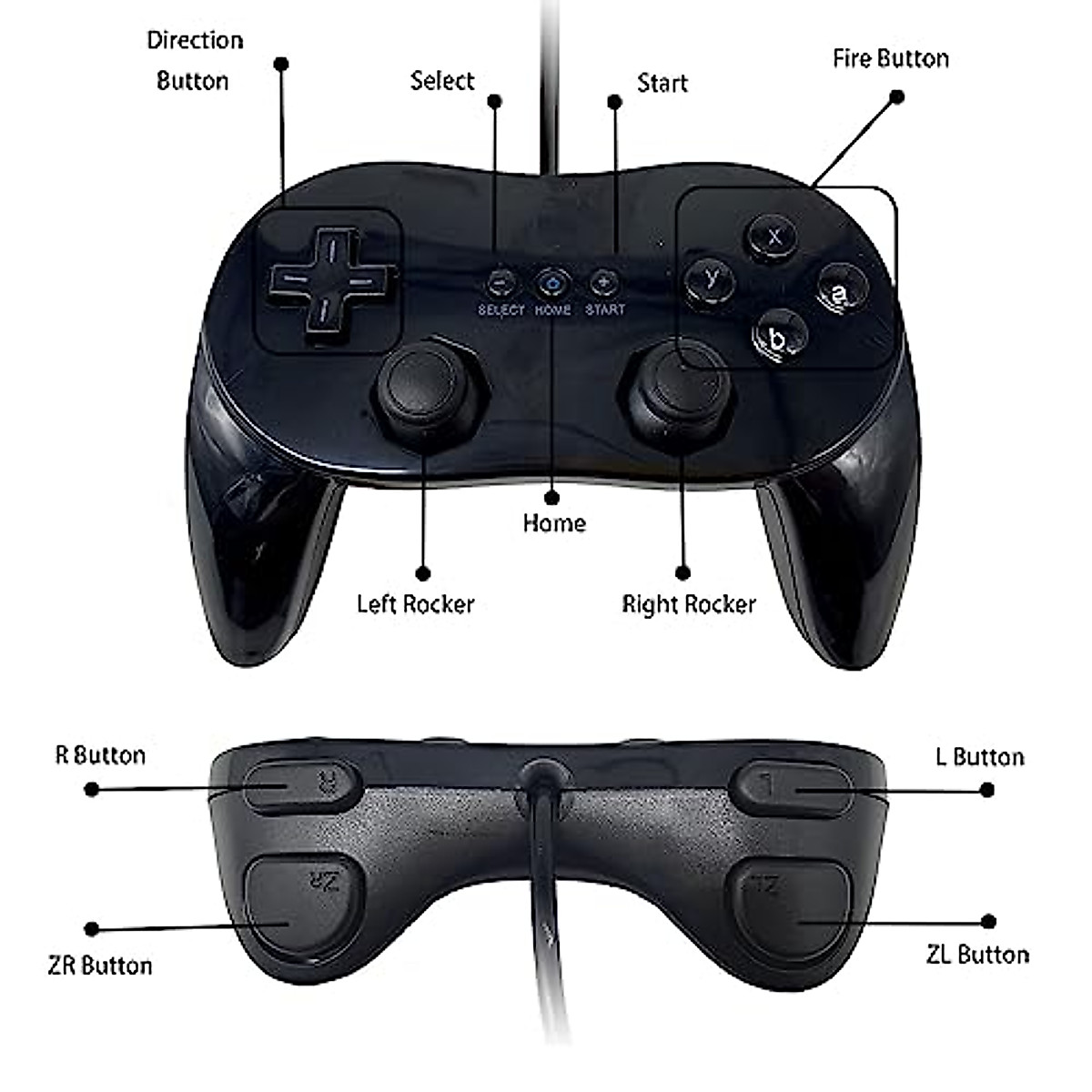 Larqety 2 Pack Wired Classic Controller Pro for Wii, Wii U Remote Console (Black)