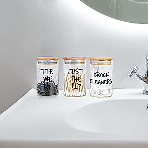 Glass Qtip Holder Dispenser Apothecary Jars, Storage Container with Bamboo Lid and Label, Bathroom Countertop Organizer for Cotton Swabs, Balls, Cotton Pad, Floss & More - Set of 3