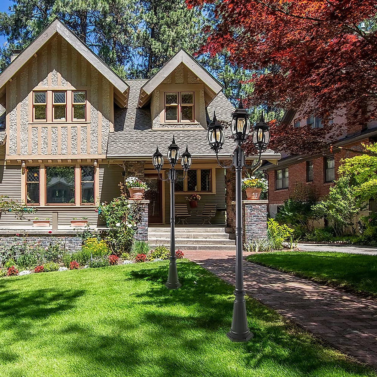 LUTEC LED Outdoor Post Light with Triple-Head, Hardwired Vintage Street Lights for Lawn Patio Yard Pathway Garden Black Light Pole with Clear Glass Panels - Black