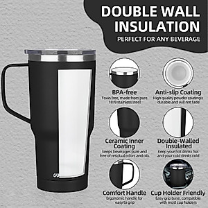 20 oz Insulated Coffee Mug with Ceramic Coating, Stainless Steel Travel Mug Tumbler with Handle Lid and Straw, Double Wall Leak-Proof Thermos Coffee Travel Mug Keeps Drink Hot and Cold (Black)