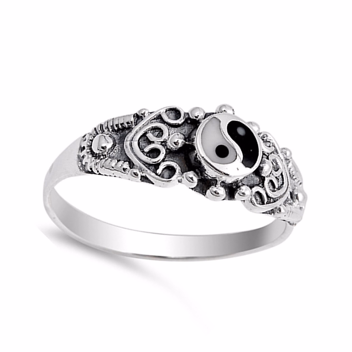 Yin Yang Simulated Mother of Pearl Simulated Black Onyx Ring New 925 Sterling Silver Band Size 9