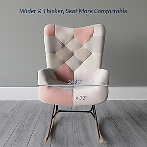 BELLEZE Colorful Patchwork Rocking Chair, Widen Nursery Rocking Chairs Comfy Linen Upholstered Glider Rocker with Solid Wood Legs for Living Room Bedroom Nursery - Paramount (Patchwork B)