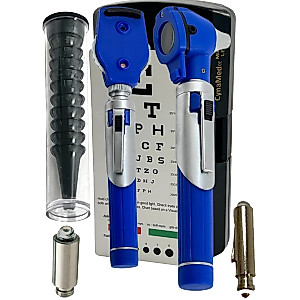Cynamed Otoscope Set - Fiber Optic Double Handle Multi-Function Ear Scope for Ear & Eye Examination - Includes Hard Case (Blue)