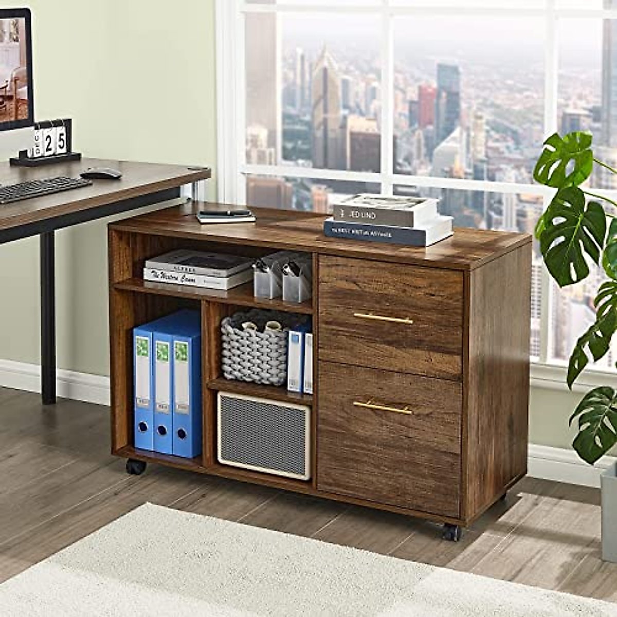 GreenForest File Cabinet for Home Office with Drawer 40 inch Mobile Filing Cabinets Printer Stand with Open Storage Shelves, Walnut