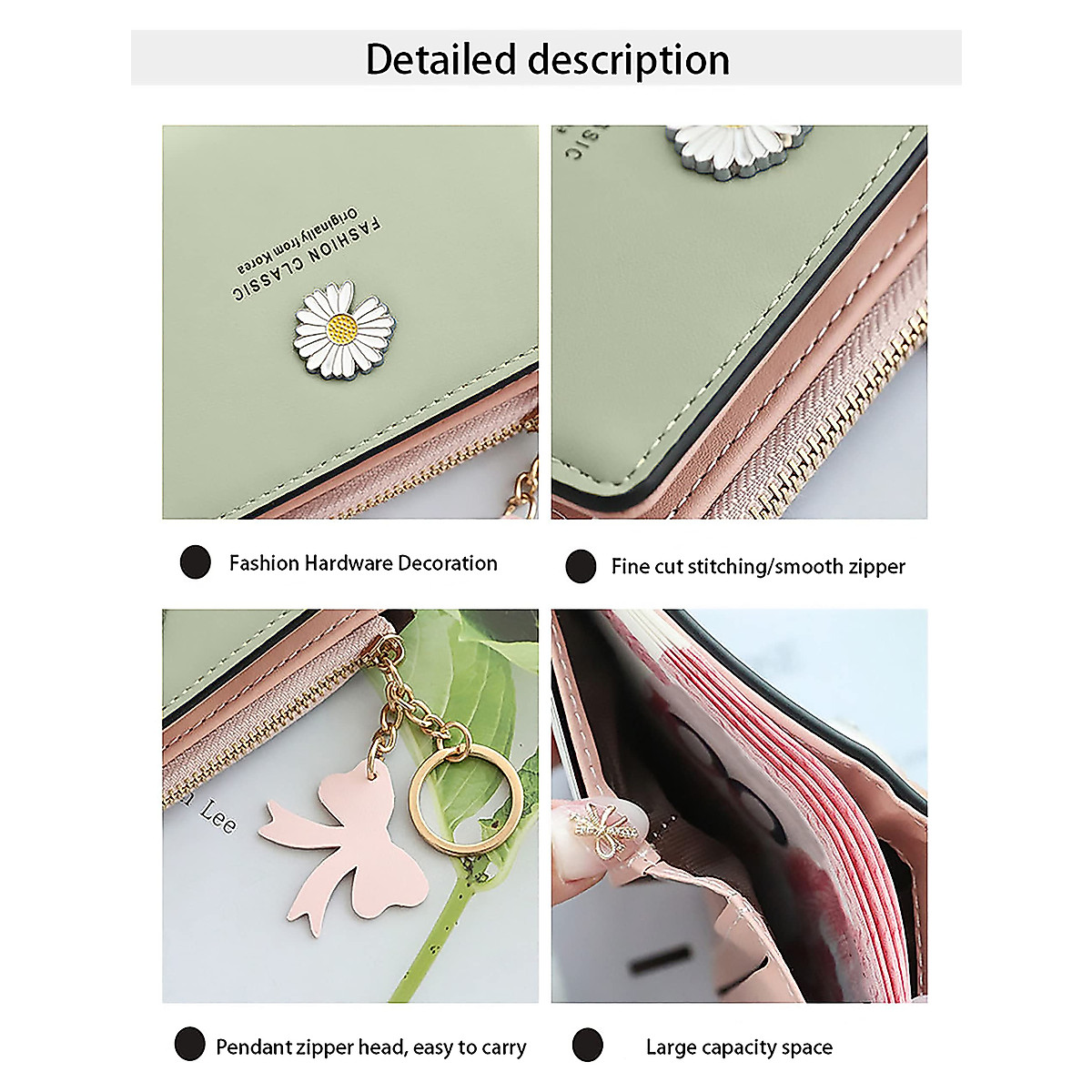 Women's wallet, female short Korean version of fashion chrysanthemum coin purse, soft thin wallet., Light green
