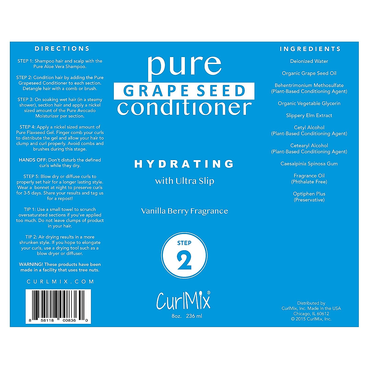 CurlMix Organic Grape Seed Conditioner, 8oz - Vanilla Berry Fragrance, Softens & Defines Kinky, Coily, 4C & Natural Hair, Paraben Free Sulfate Free, Handmade Conditioner for Natural Hair