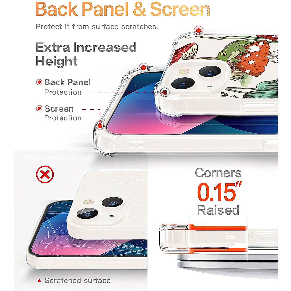 PAPCOOL,Frogs Phone Case Mushrooms Phone Case Cover,Clear Cute Forest Phone Case Kawaii Aesthetic Vintage Animal Cartoon Pattern for Fashion Slim Soft TPU Compatible with iPhone 13 Mini