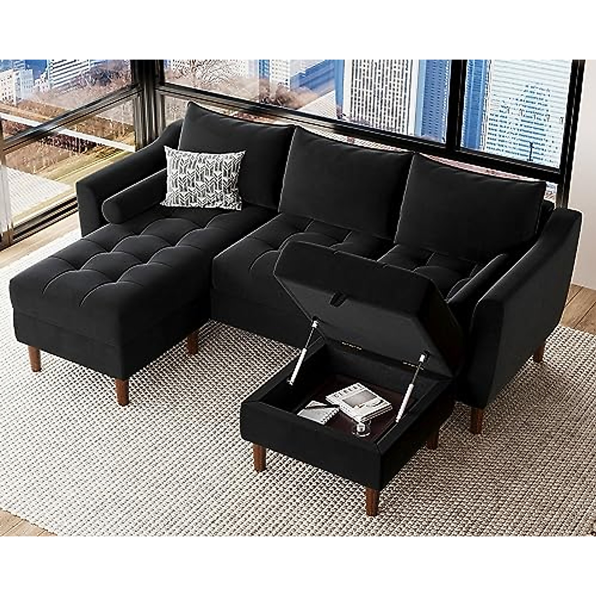 Belffin Black Velvet Fabric U Shaped Sectional Couch with Chaise Small Reversible Sectional Sofa Couch 4-Seater Sectional Sofa Sleeper with Storage Ottoman Foot Rest for Apartment