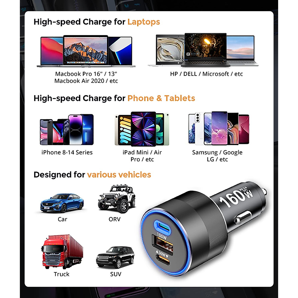 160W USB C Car Charger Fast Charging Cigarette Lighter PD3.0 100W PPS 45W QC5 30W Type C Car Charger for MacBook Pro Air Laptop iPad iPhone 14 13 12 Pro Samsung S23 S22 (with 100W USB C Cable)