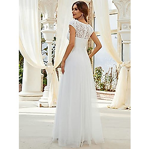 Ever-Pretty Women's Cap Sleeve Lace A-line V-Neck Long Evening Dress for Wedding Party White US8
