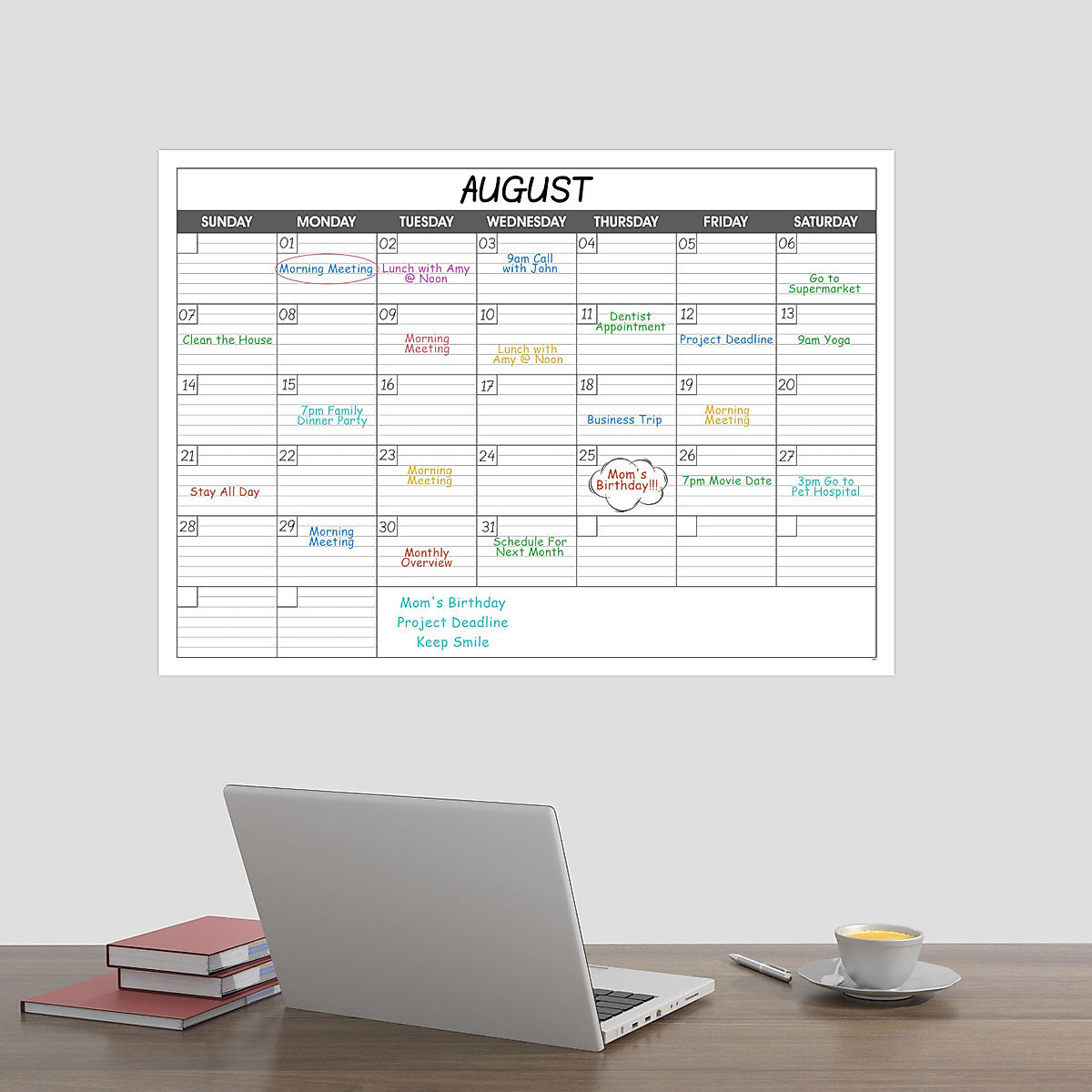 Dry Erase Calendar for Wall - Large Dry Erase Calendar, 28" x 40", Undated Monthly Calendar for Home, Office, Classroom, Erasable Laminated Calendar Whiteboard with 6 Markers ＆ 6 Stickers