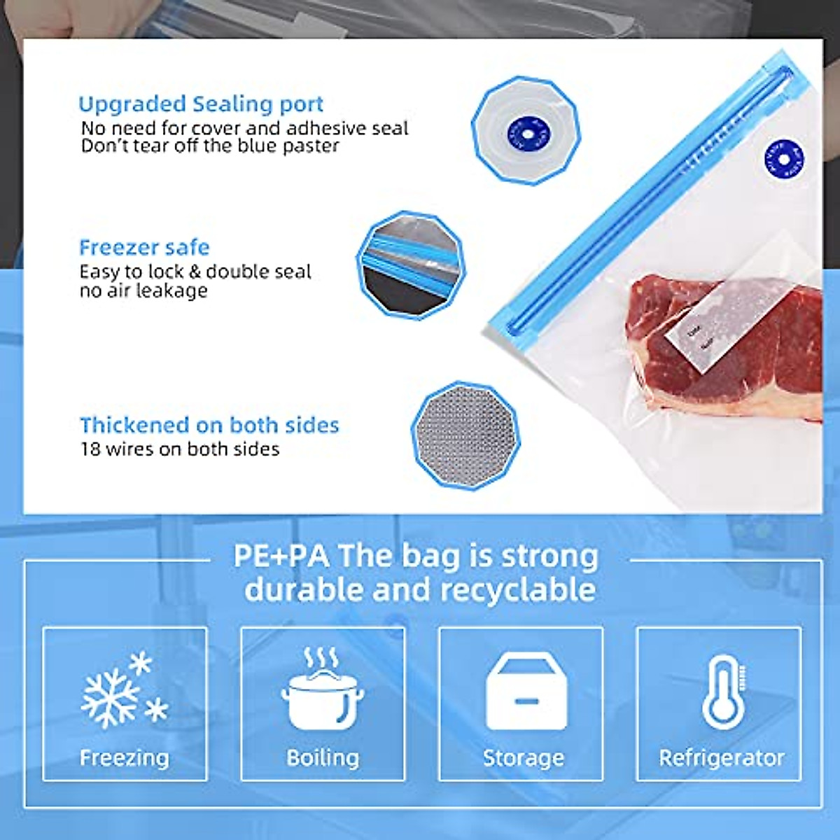 Sous Vide Bags,20 PCS Reusable Vacuum Sealer Bags for Food with 6 Sealing Clips, BPA Free Vacuum Food Storage Bags (8.7x8.3 Inch)