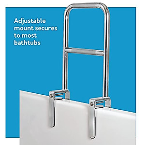 Carex Tri-Grip Bathtub Rail with Chrome Finish - Bathtub Grab Bar Safety Bar For Seniors and Handicap - For Assistance Getting In and Out of Tub, Easy to Install on Most Tubs,Silver