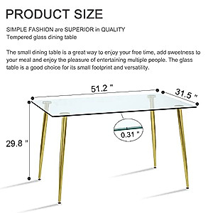 Glass Dining Table，51" Modern Rectangular Table with Spacious Tempered Glass Tabletop & Gold Plated Table Legs，Simplistic Kitchen Table, Versatile Table for Home Office