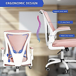 MUZII Task Chair with Arms, Ergonomic Mesh Office Chair, Computer Desk Chair Swivel Office Chair with Flip-up Arms and Adjustable Lumbar Support, Pink