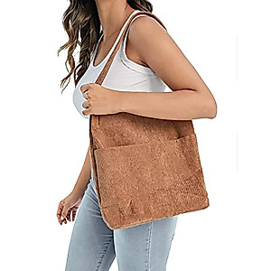 WDIRARA Women's Corduroy Hobo Bags Shopper Tote Bag Side Pocket Shoulder Handbags Brown one-size
