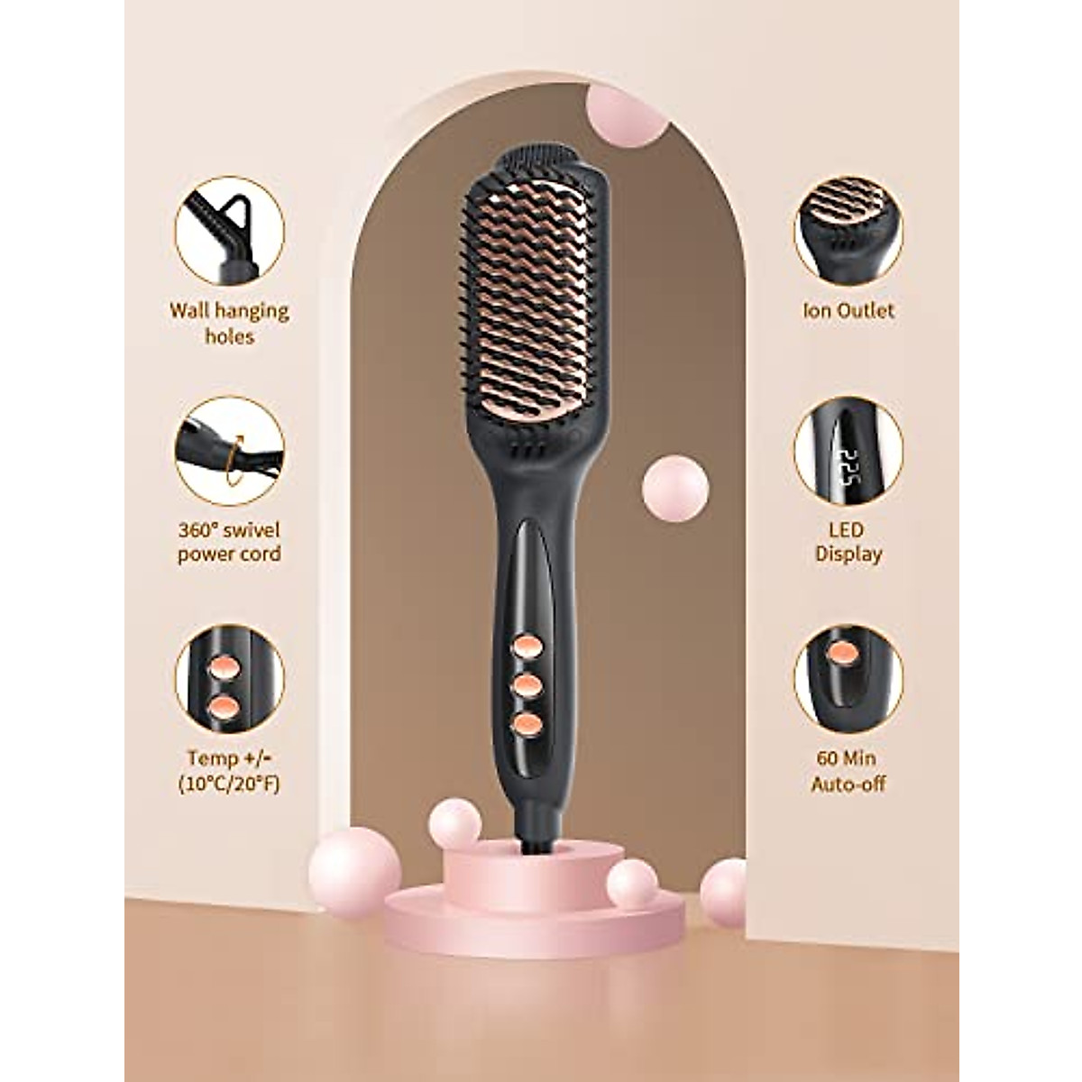 Hair Straightener Brush Heated Straightening Brush: Negative Ion Hot Hair Brush for Smooth Frizz-Free Women Hair - Ceramic Flat Iron Brush - Dual Voltage Anti-Scald Fast Heating