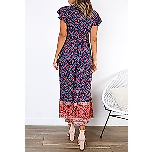 R.Vivimos Women's Summer Short Sleeve Floral Print Bohemian Beach Waist Tie Wrap Long Flowy Dress with Slit (XL, Dark Blue#2)
