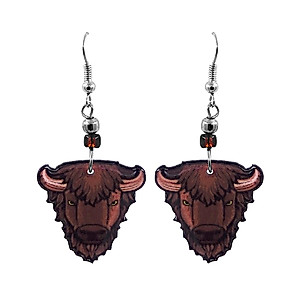 Brown Buffalo Face Animal Head Graphic Dangle Earrings - Womens Fashion Handmade Jewelry Wildlife Accessories