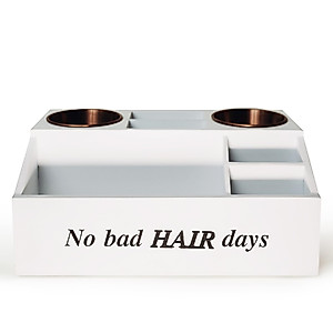 Hair Tool Organizer w/ 7 Compartments - Wooden Hair Product Organizer - Hair Straightener, Brushes, Bathroom Hair Dryer Holder w/ 2 Rose Gold Cups - Hot Tools Organizer for Bathroom Counter or Vanity