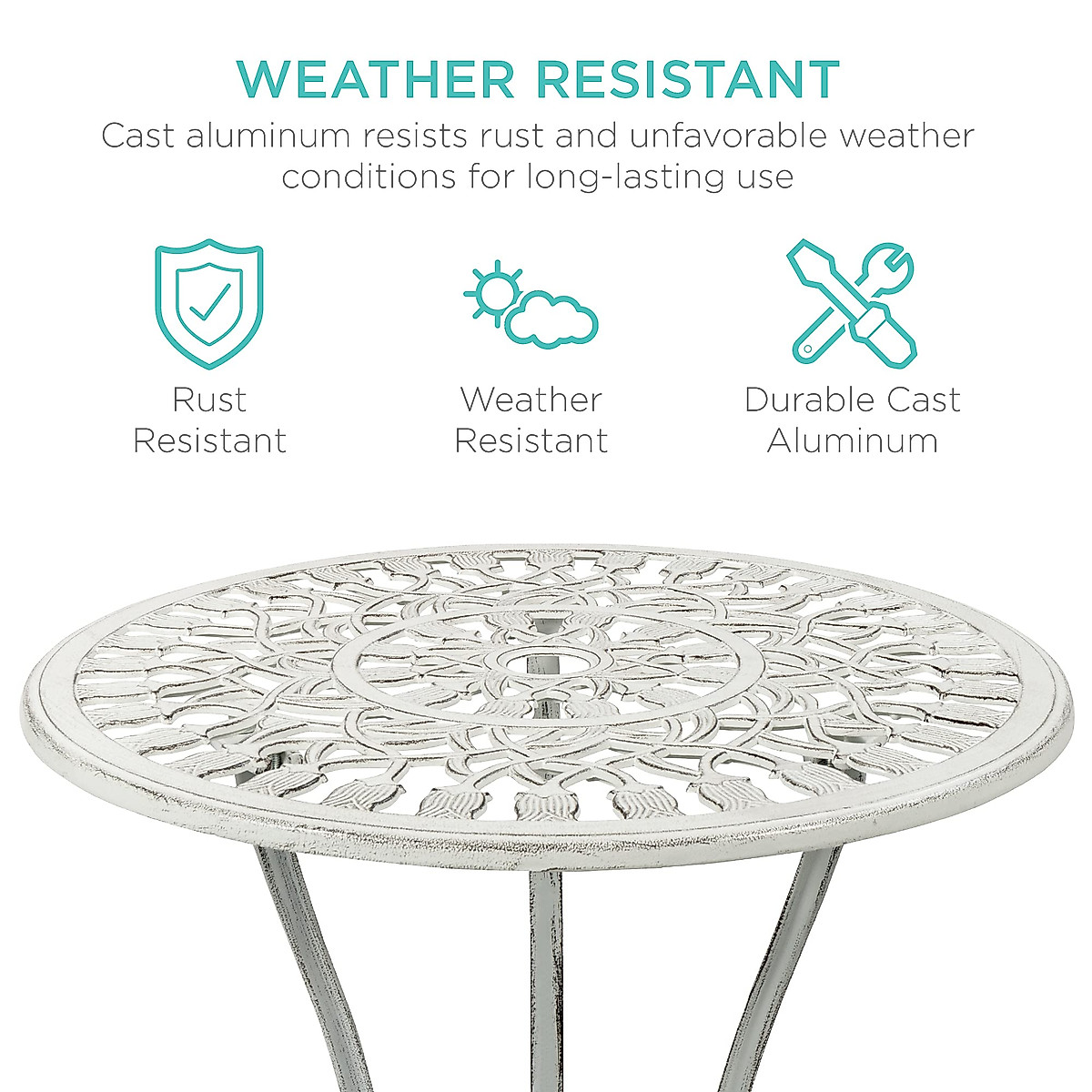 Best Choice Products 3-Piece Outdoor Rust-Resistant Cast Aluminum Patio Bistro Set w/Tulip Design, Antique Finish - White