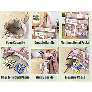 KOWVOWZ Kawaii Shoulder Tote Bag with Cute Pin Accessories Plush Rabbit & Bear Pendant Girl School Backpack Laptop Schoolbag Crossbody for Students (Purple)