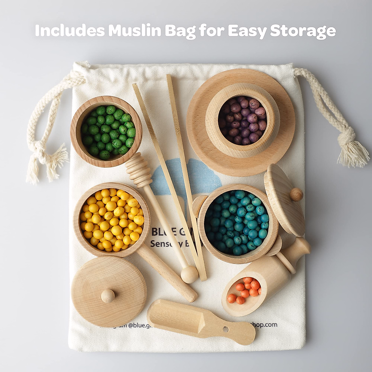 Blue Ginkgo Sensory Bin Tools – Montessori Fine Motor Skills Learning Set for Toddlers and Kids Pretend Play [9 PC] Kitchen Wooden Set with Scoops, Bamboo Tongs