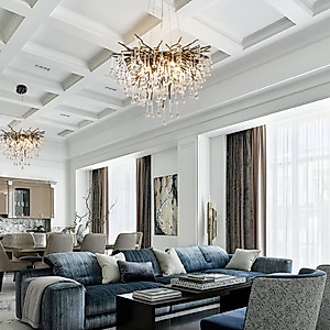 YIOSI Black Crystal Chandelier, Modern Ceiling Pendant Flower Hanging Lighting Frosted Tree Branch Raindrop Chandelier Light Fixture for Dining Room, Living Room, Bedroom, Entryway (Dia 24" Round)