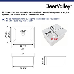Single Bowl Drop in Kitchen Sink DeerValley DV-1K515 Glen 24" L x 18" W Fireclay Undermount Kitchen Sink White Deep Bowl Sink with Sink Grid and Basket Strainer