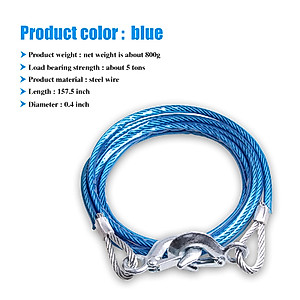 Dewkou Pack-1 Tow Cable with Hooks, 1/2" x 13Ft Blue Winch Cable with Forged Hook, 15432LBS Breaking Strength, Steel Wire Rope for Tow Truck, Rollback, Crane, Wrecker
