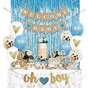 Blue, Boy Baby Shower Decoration Set, Rustic Welcome Baby Banner, 2 - Blue Metallic Curtains, Gold, Blue and White Baby Shower Decor Kit, Blue and White Balloons