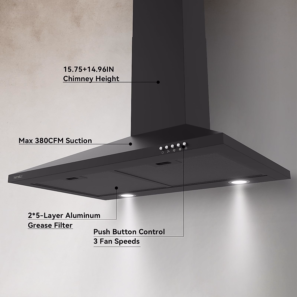 Hermitlux Range Hood 30 inch, Wall Mount Vent Hood for Kitchen with Charcoal Filter, Ducted/Ductless Convertible, Black