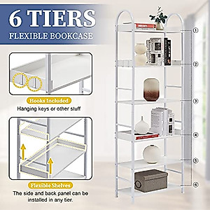 JIEJIEGAO 6-Tier Bookshelf with Baffle, Modern Freestanding Large Capacity Storage Rack with Adjustable Foot Pads, Bookcase for Living Room, Bedroom, Study, Storage Room, Garage, White