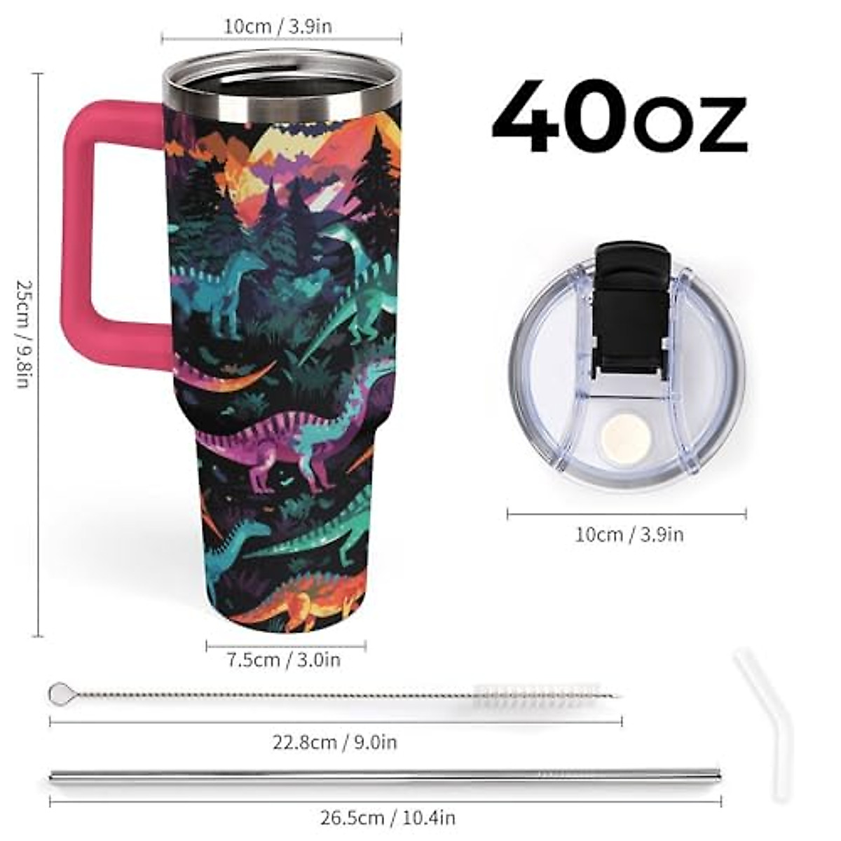 LLUTSNTH 40 Oz Vacuum Tumbler with Light Rose Red Handle Leakproof Insulated Tumbler Colorful Dinosaurs Stainless Steel Travel Mug with Lid And Straw Coffee Cup Cute Water Bottles Cup Holder Friendly