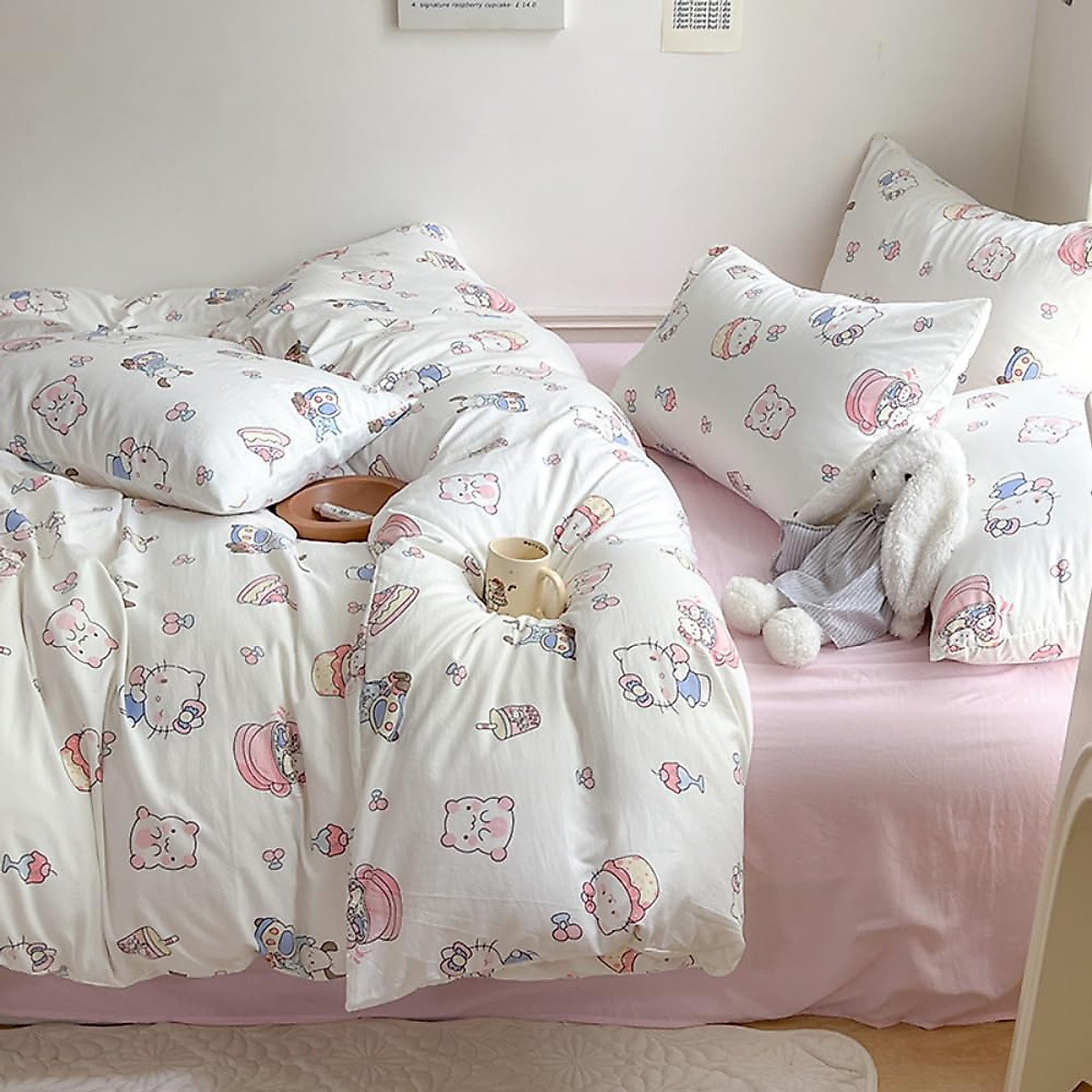 TELUSHEN Cartoon Anime Duvet Cover Sets,Cat Bedding Set with 1 Duvet Cover 1 Flat Sheet and 2 Pillow Shams,Cute Soft Comforter Cover for Teen Kids Girls (White,Queen79x91inch)