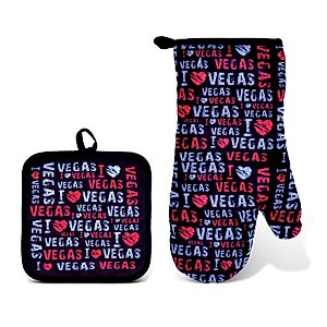 Puzzled Pot Holder & Oven Mitt Set I Love Vegas Kitchen Accessory Potholder Heat Resistant Non-Slip Grip Cooking Glove Machine Washable Baking Grilling BBQ Decorative Novelty Polyester Mitten Pink