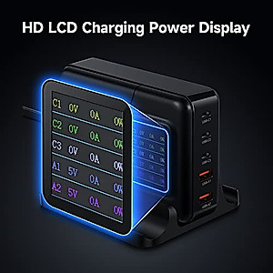 200W USB C Charger, OTAO Desktop 5-Port GaN Charger with LCD Display, PD 3.0 100W/QC 3.0 22.5W/PPS 45W Fast Charging Station with AC Adapter for MacBook Pro/Air,iPad,iPhone,Samsung