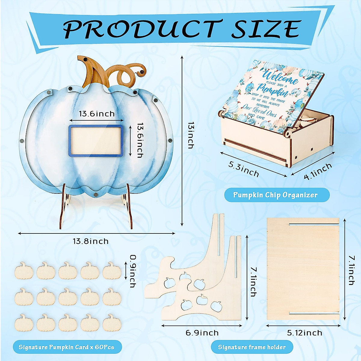 YLOLUL Blue Pumpkin Baby Shower Guest Book Alternatives Set with 62 Pcs Fall Baby Shower Guestbook with Photo Frame Rustic Guest Book Alternative for Baby Boy Birthday Party(Blue)