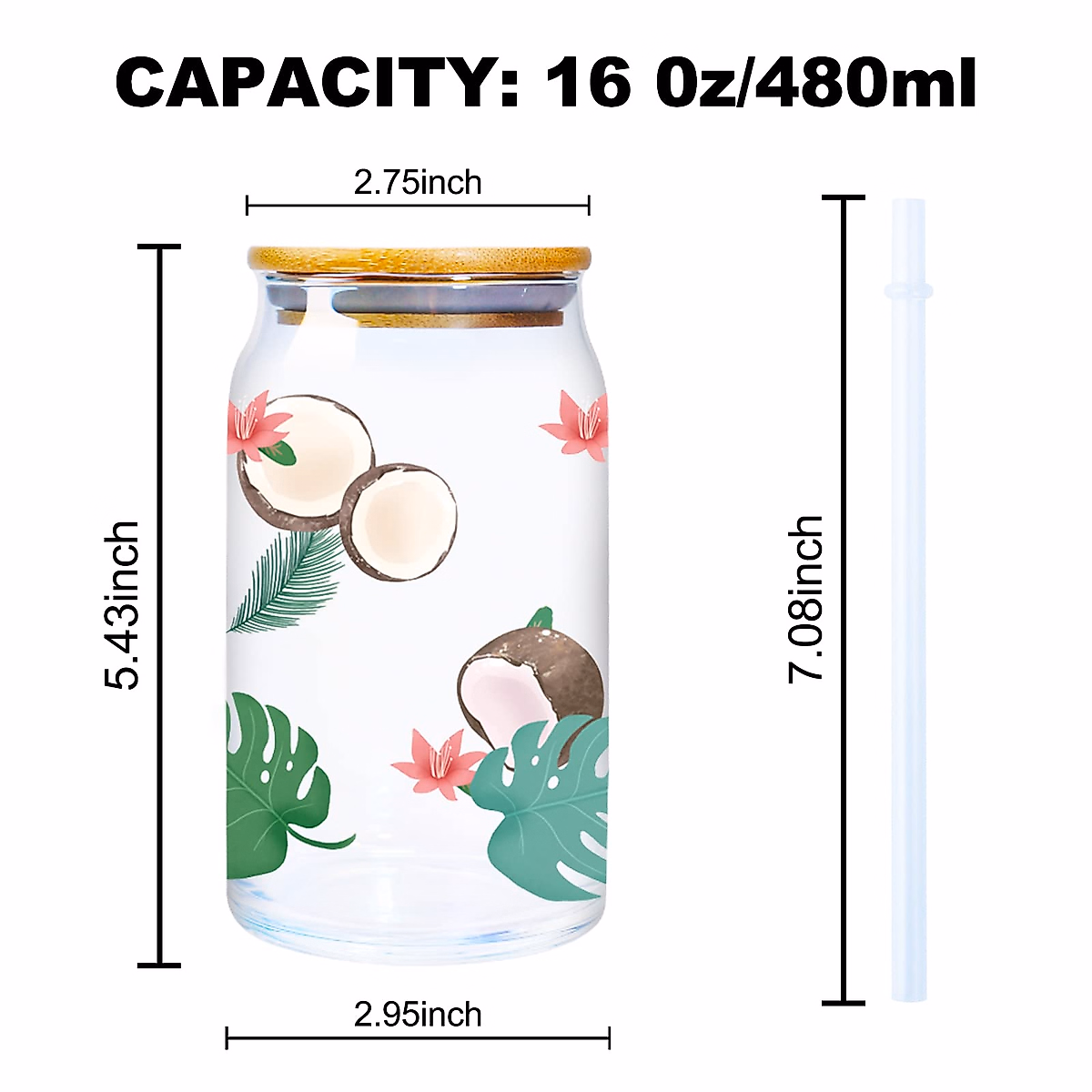 16Oz Drinking Glasses with Bamboo Lids and Straw - 4Pcs Can Shaped Glass Cups Beer Glasses Ice Coffee Glasses Cute Summer Tumbler Cup Great for Soda Boba Tea Cocktail Juice