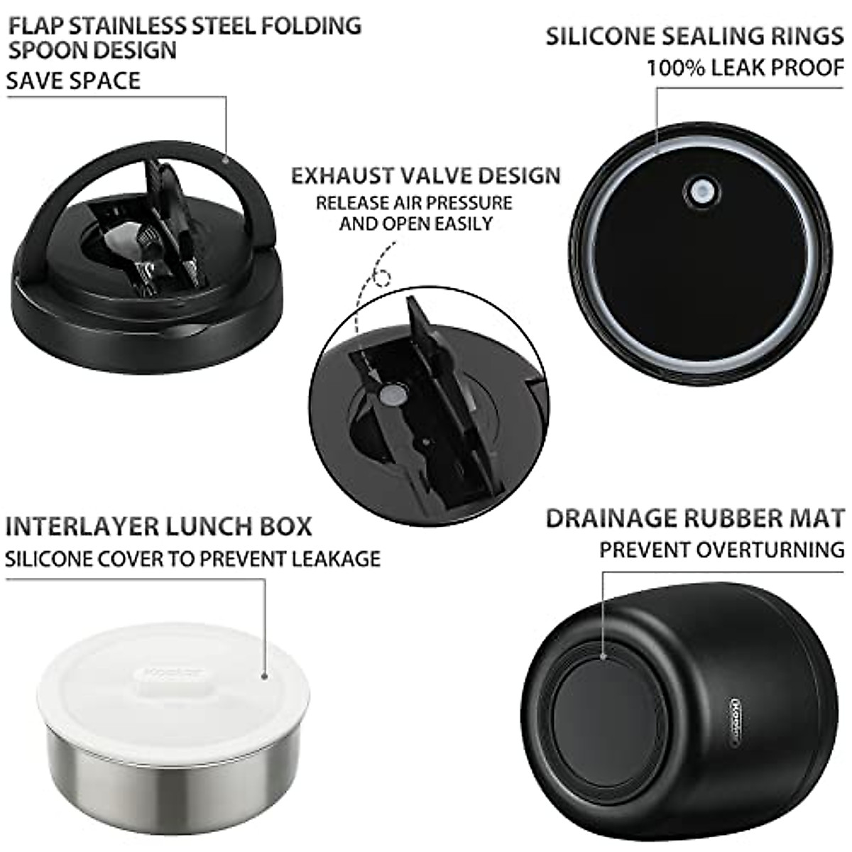 wiwens Thermo Food Jar for Hot Food Adults 32OZ Soup Thermo Lunch Containers Wide Mouth Vacuum Insulated Stainless Steel Leakproof Bento Box with Spoon (Black)