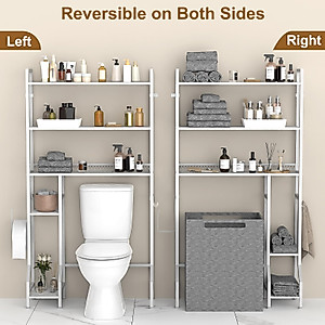 NOVIMANGO Over The Toilet Organizer White, Bathroom Space Saver Over Toilet, 5-Tier Bathroom Over Toilet Storage, Above Toilet Stand with 4 Hooks for Restroom, Laundry