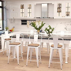 Aklaus Metal Bar Stools Set of 4, 24 inch Counter Height Bar Stools with Backs, Farmhouse Style, Larger Seat, High Back Kitchen Dining Chairs, Cream White Stool