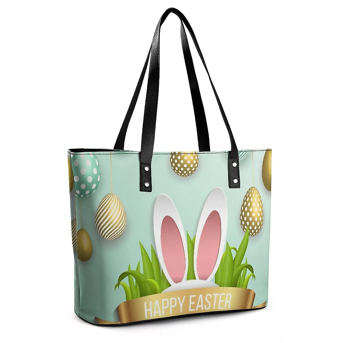 Womens Handbag Happy Easter And Eggs And Bunny Ears Leather Tote Bag Top Handle Satchel Bags For Lady
