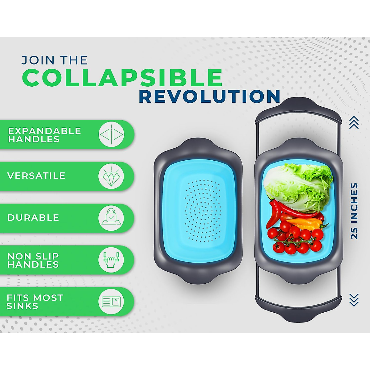 XL Large Kitchen Strainer by Comfify - Collapsible Silicone Over-The-Sink Colander with Extendable Handles - Use with Pasta, Fruit, Berries & Veggie - 6 Quart - Blue