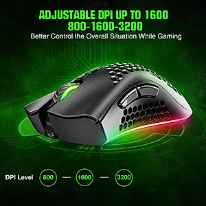 WolfLawS KM-1 Gaming Mouse, Wireless Mouse Gaming Computer Mice USB with Honeycomb Shell, 6 Programmed Buttons, 3 Adjustable DPI, Ergonomic RGB Optical Mouse - Green